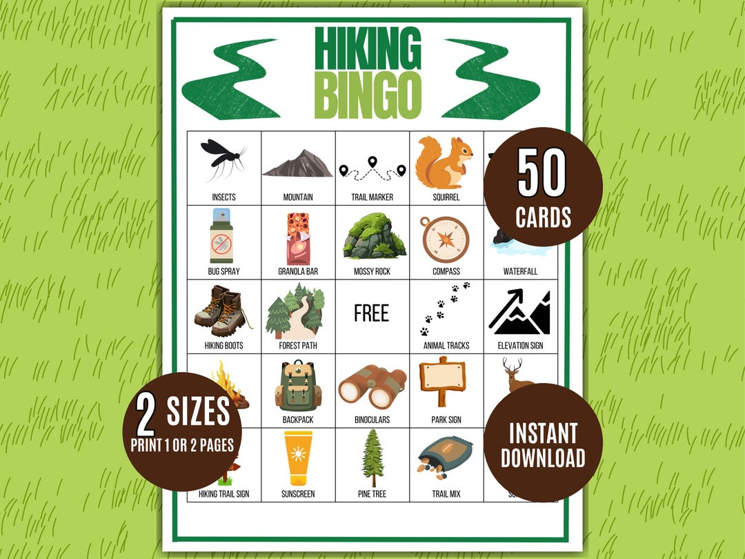 Hiking Bingo Printable, 50 Unique Outdoor Adventure Bingo Cards, Nature ...