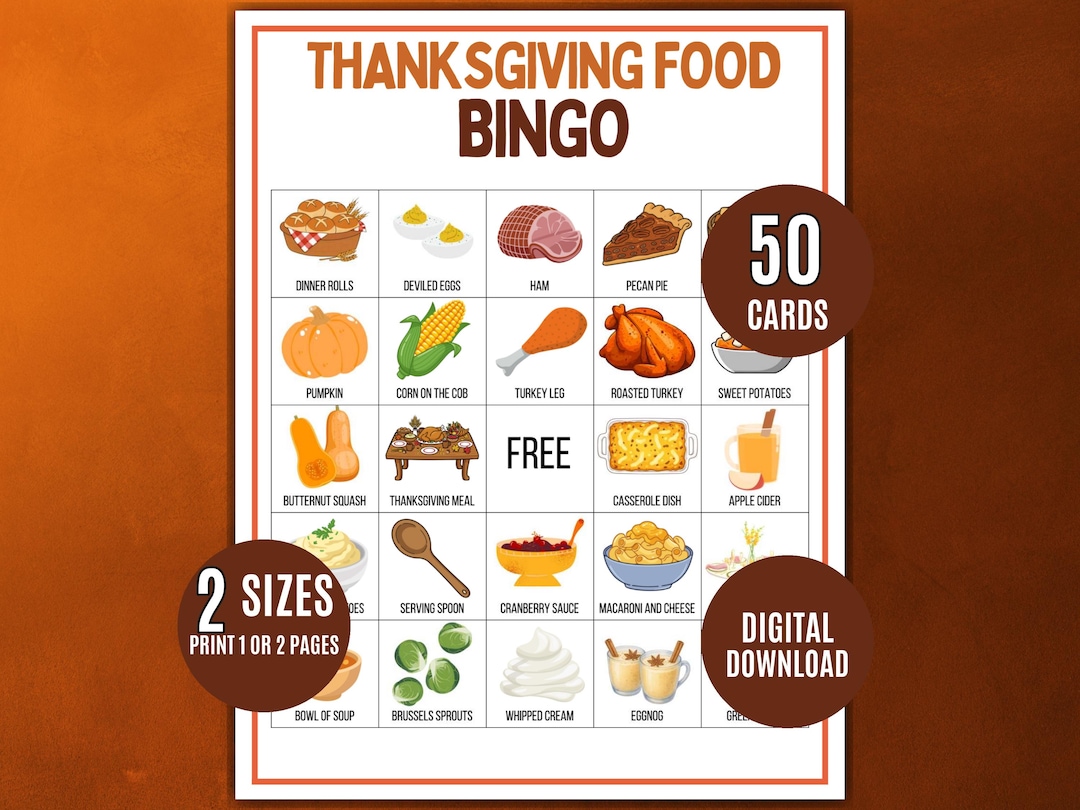 Thanksgiving Food Bingo Game, 50 Printable Bingo Cards, Family Dinner ...