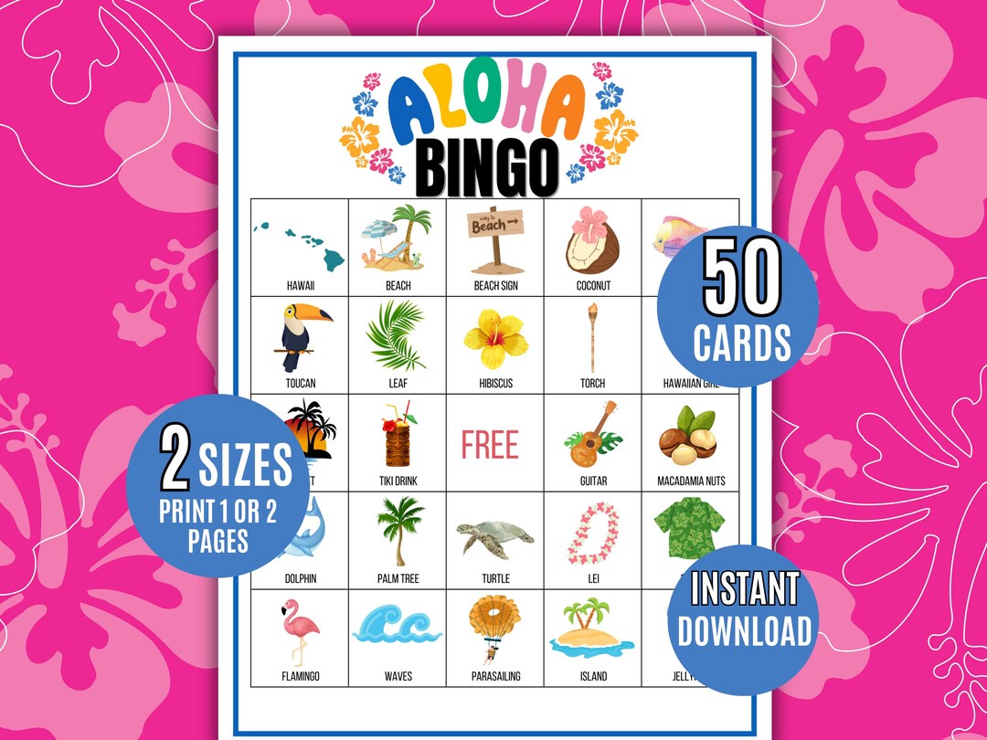 Aloha Bingo, 50 Printable Hawaii Themed Bingo Cards, Luau Themed Kids ...