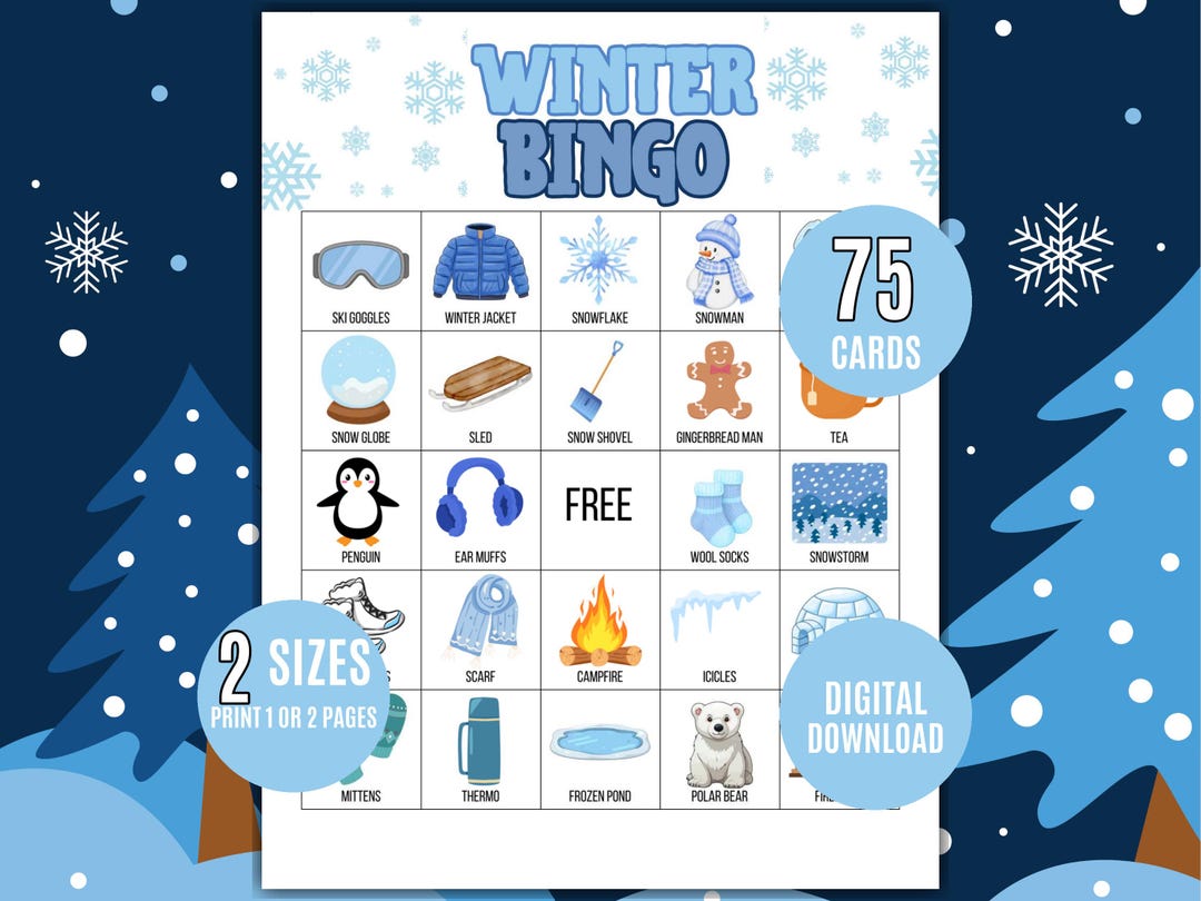 Winter Bingo Game, 75 Printable Bingo Cards for Kids, Cozy Indoor ...