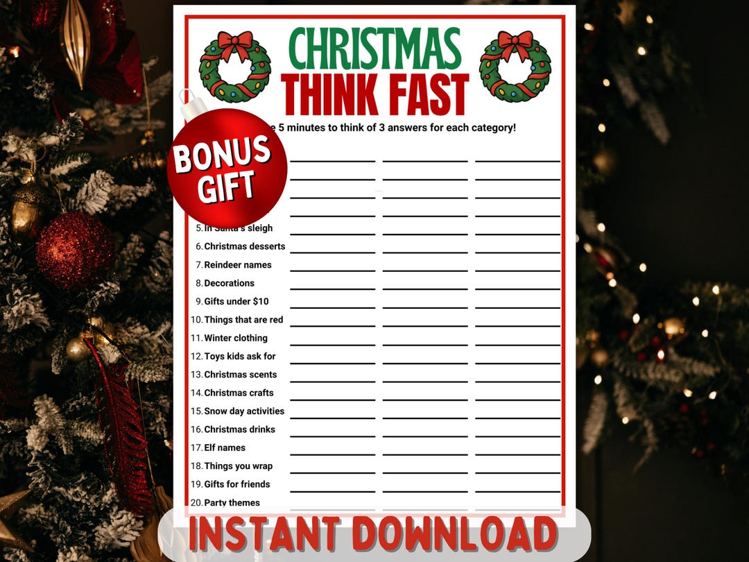Holiday Party Game, Think Fast Card, Christmas Printable Game, Party ...
