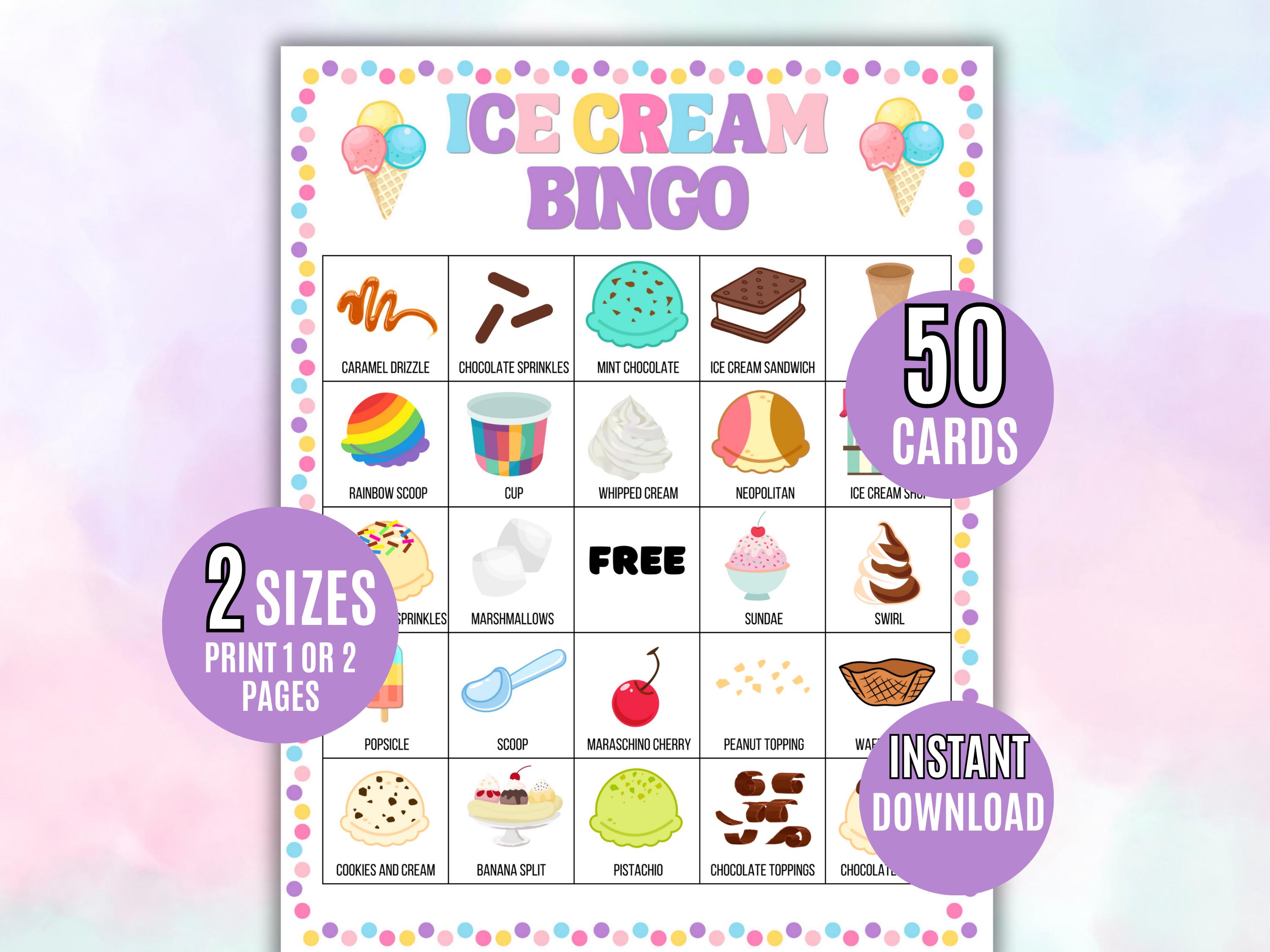 Ice Cream Bingo, 50 Printable, Ice Cream Social Bingo Cards, Kids ...