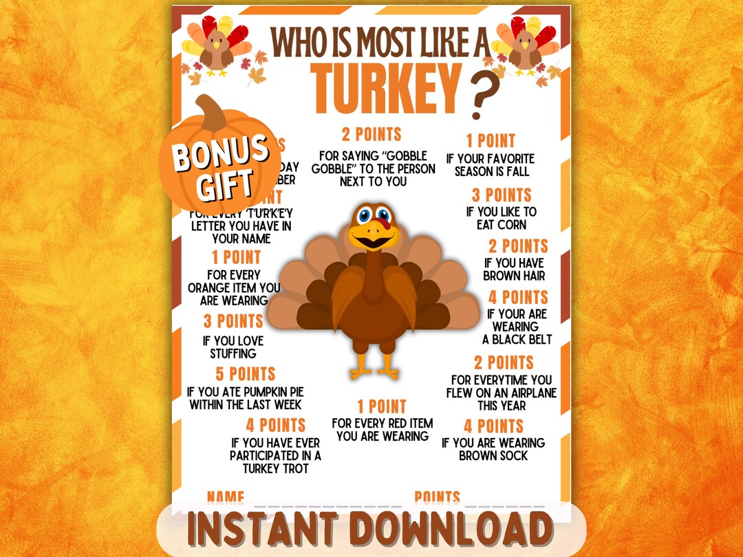 Who is Most Like a Turkey Game, Thanksgiving Game Thanksgiving ...