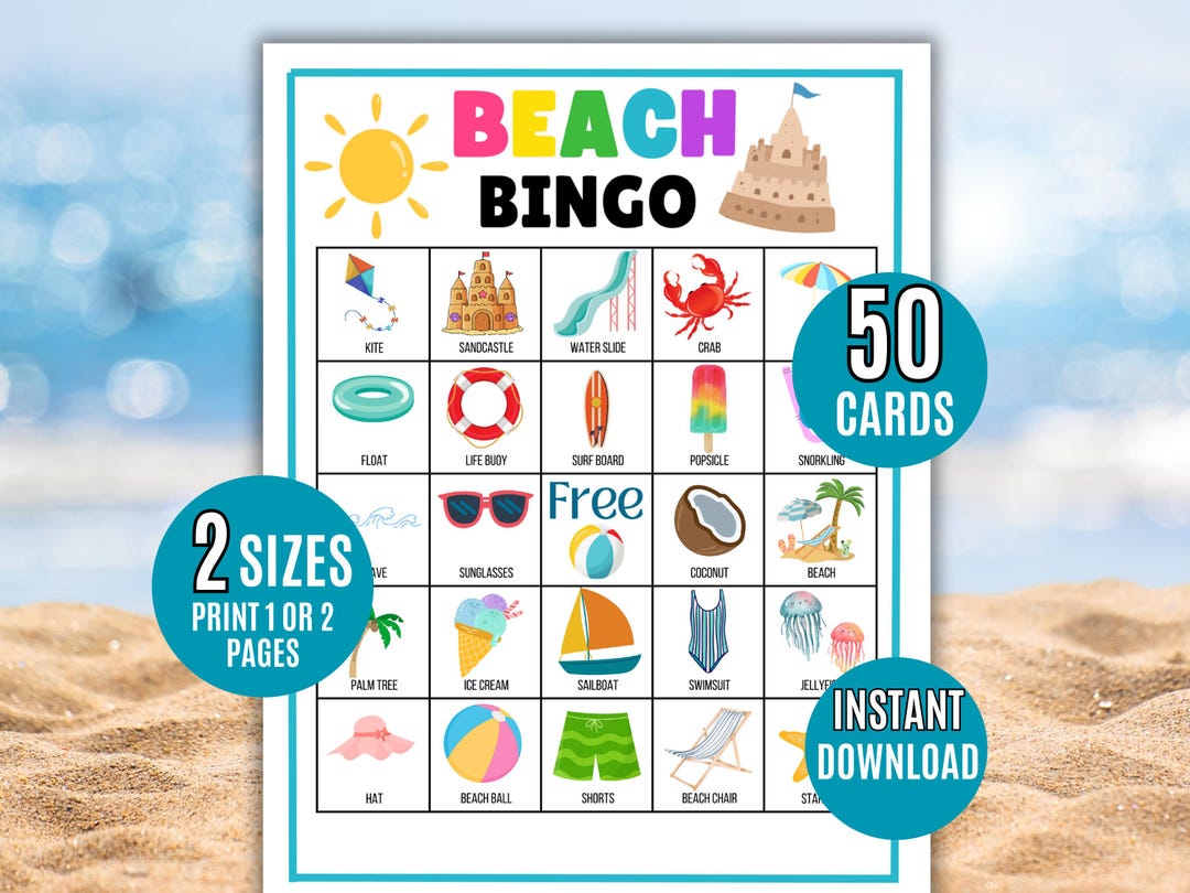Beach Bingo, 50 Printable Beach Day Bingo Cards, Kids Printable, Summer ...