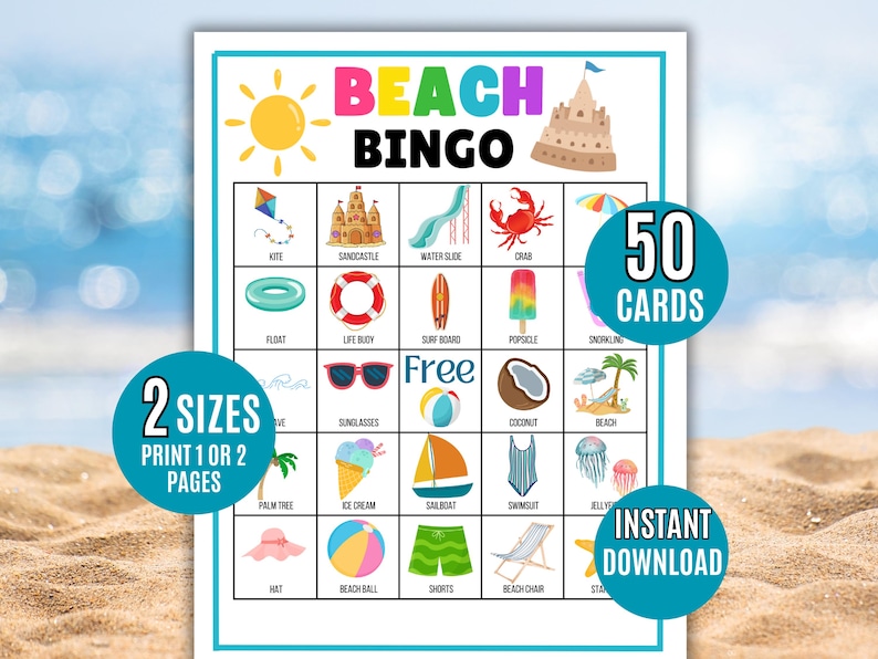 Beach Bingo, 50 Printable Beach Day Bingo Cards, Kids Printable, Summer ...