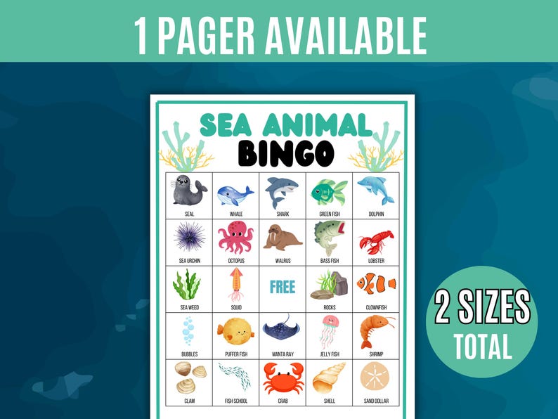 Sea Animal Bingo, 50 Printable Sea Animal Bingo Cards, Sea Animal Party ...
