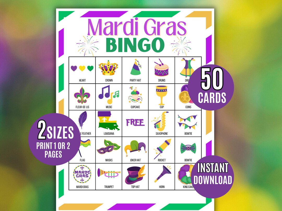 Mardi Gras Bingo, 50 Mardi Gras Bingo Cards, Printable Mardi Gras Bingo ...