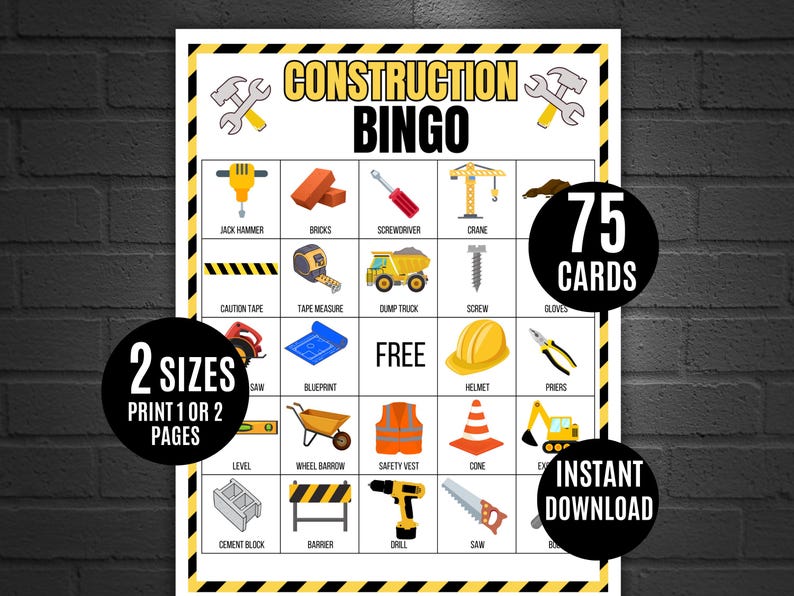 Construction Bingo, 75 Printable Construction Bingo Game, Construction ...