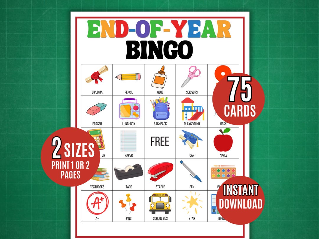 End of Year Bingo, 75 Printable Bingo Cards, Kids Printable, School ...