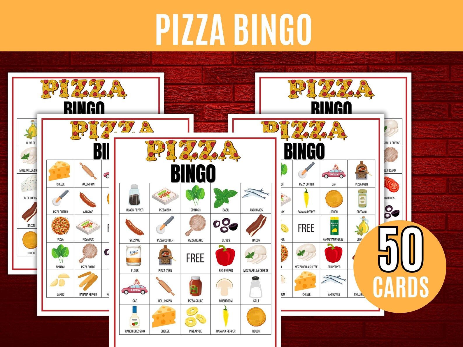 Pizza Bingo, 50 Printable Pizza Party Bingo, Pizza Themed Bingo Cards ...