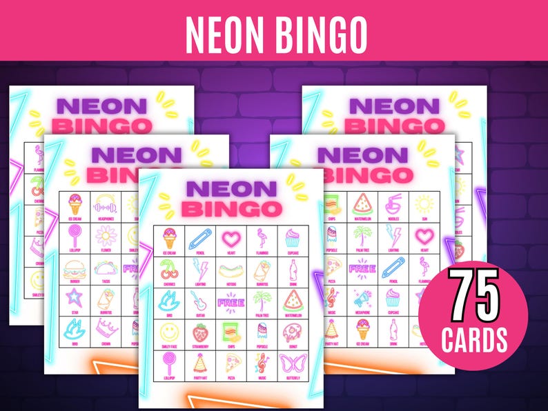 Neon Bingo, 75 Printable Neon Bingo Cards, Neon Birthday, Birthday ...