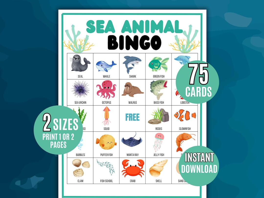 Sea Animal Bingo, 75 Printable Sea Animal Bingo Cards, Sea Animal Party ...