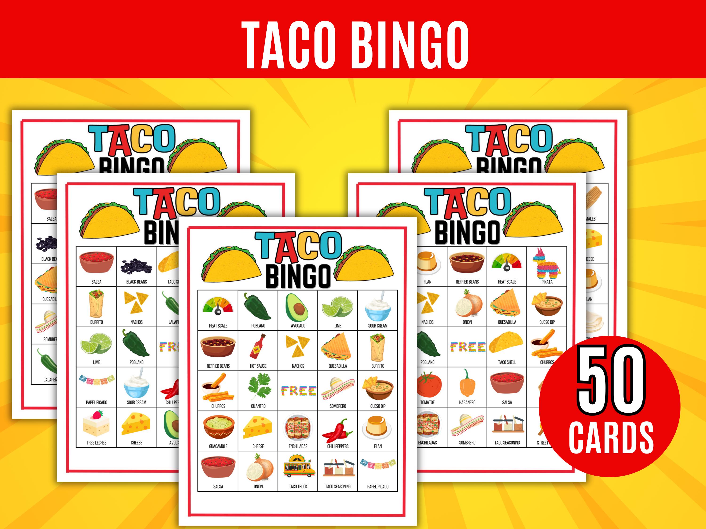 Taco Bingo, 50 Printable Taco Bingo Cards, Taco Activity for Kids, Taco ...