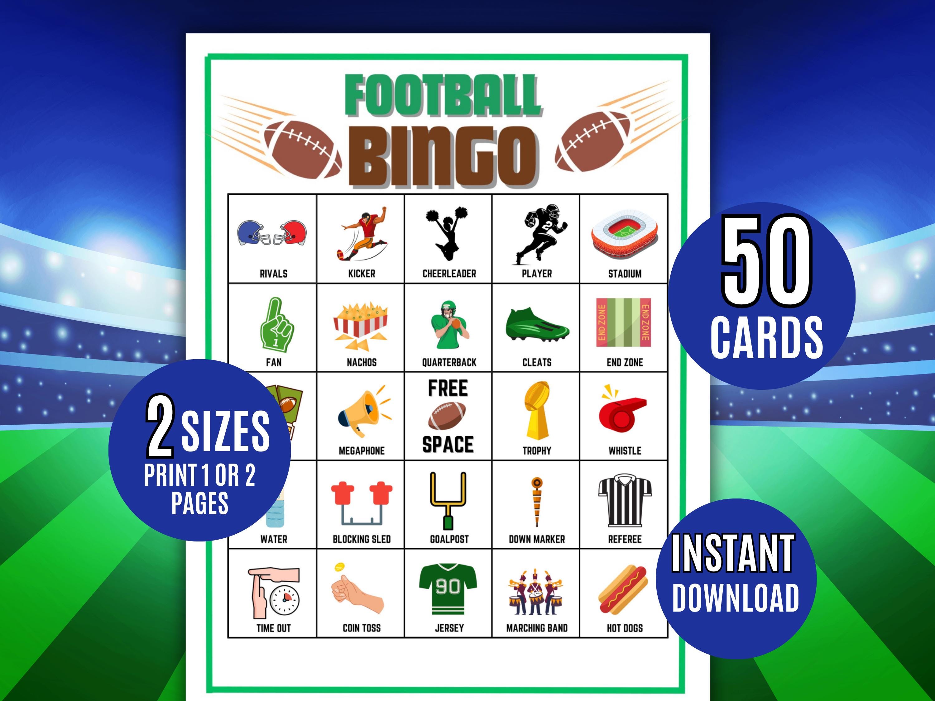 Football Bingo Game, 50 Printable Football Bingo Cards, Football Game ...