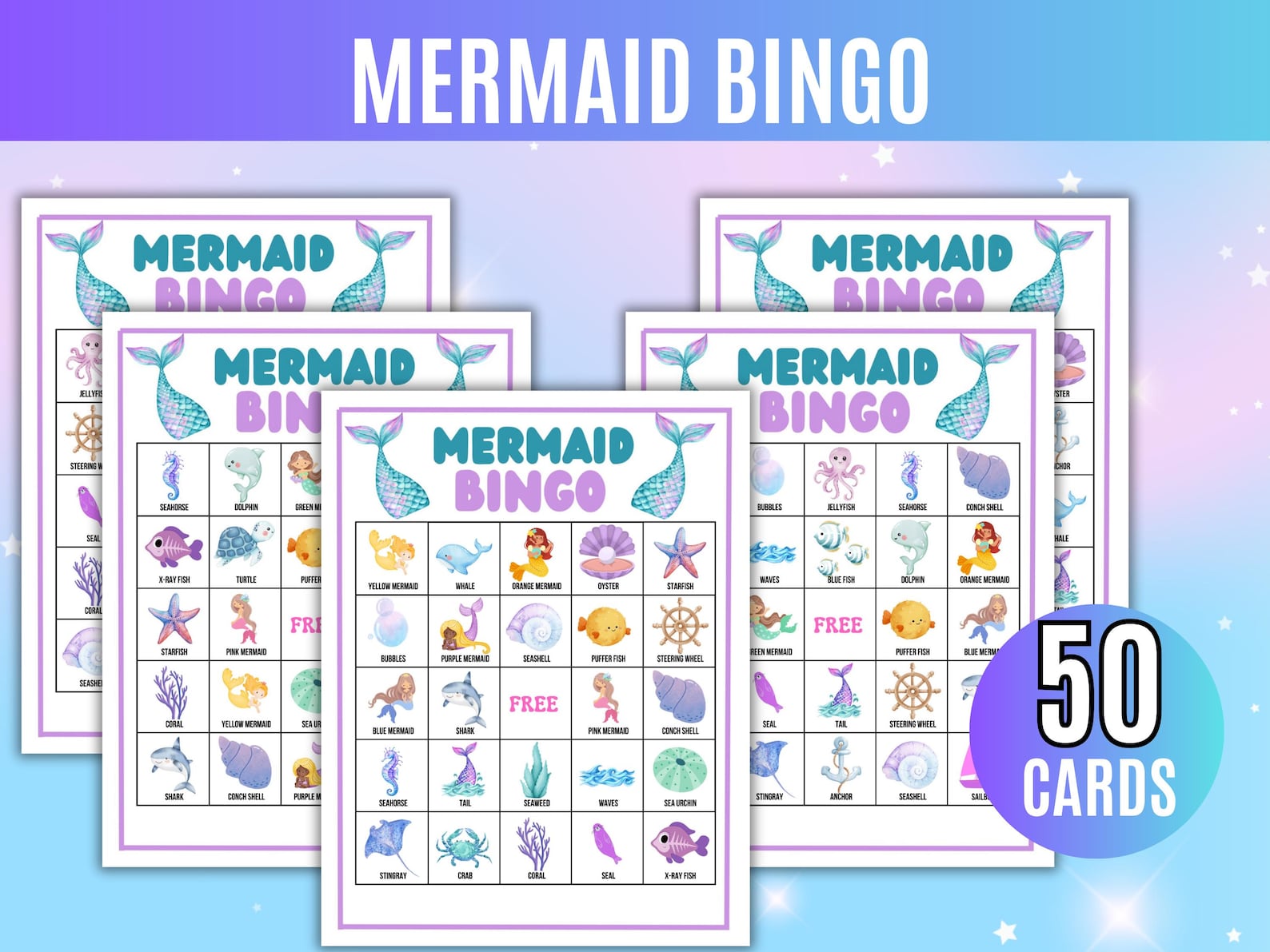 Mermaid Bingo, 50 Printable Mermaid Bingo Cards, Mermaid Activity for ...