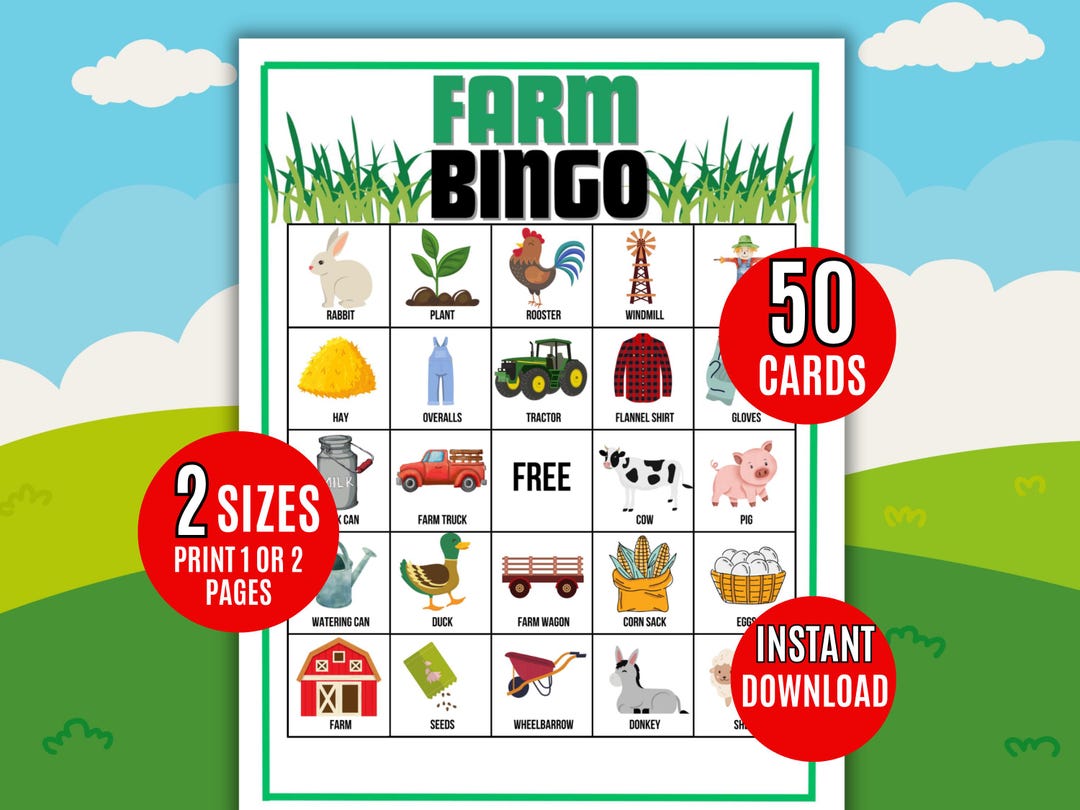 Farm Bingo, 50 Printable Farm Bingo Cards, Barnyard Bingo, Farm Party ...