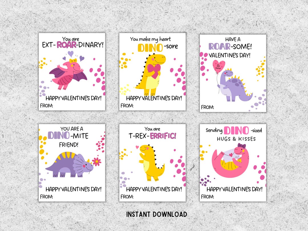 Dinosaur Kids Valentines Cards Printable, Classroom Gifts, Girl ...