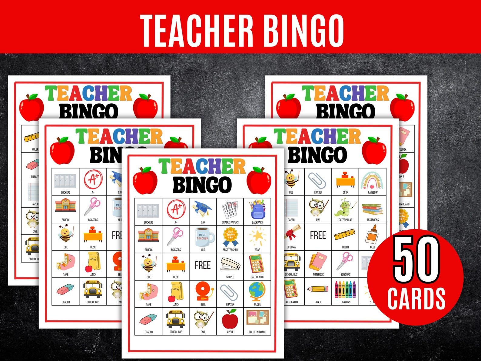 Teacher Bingo, 50 Printable Teacher Appreciation Bingo Cards, Kids ...