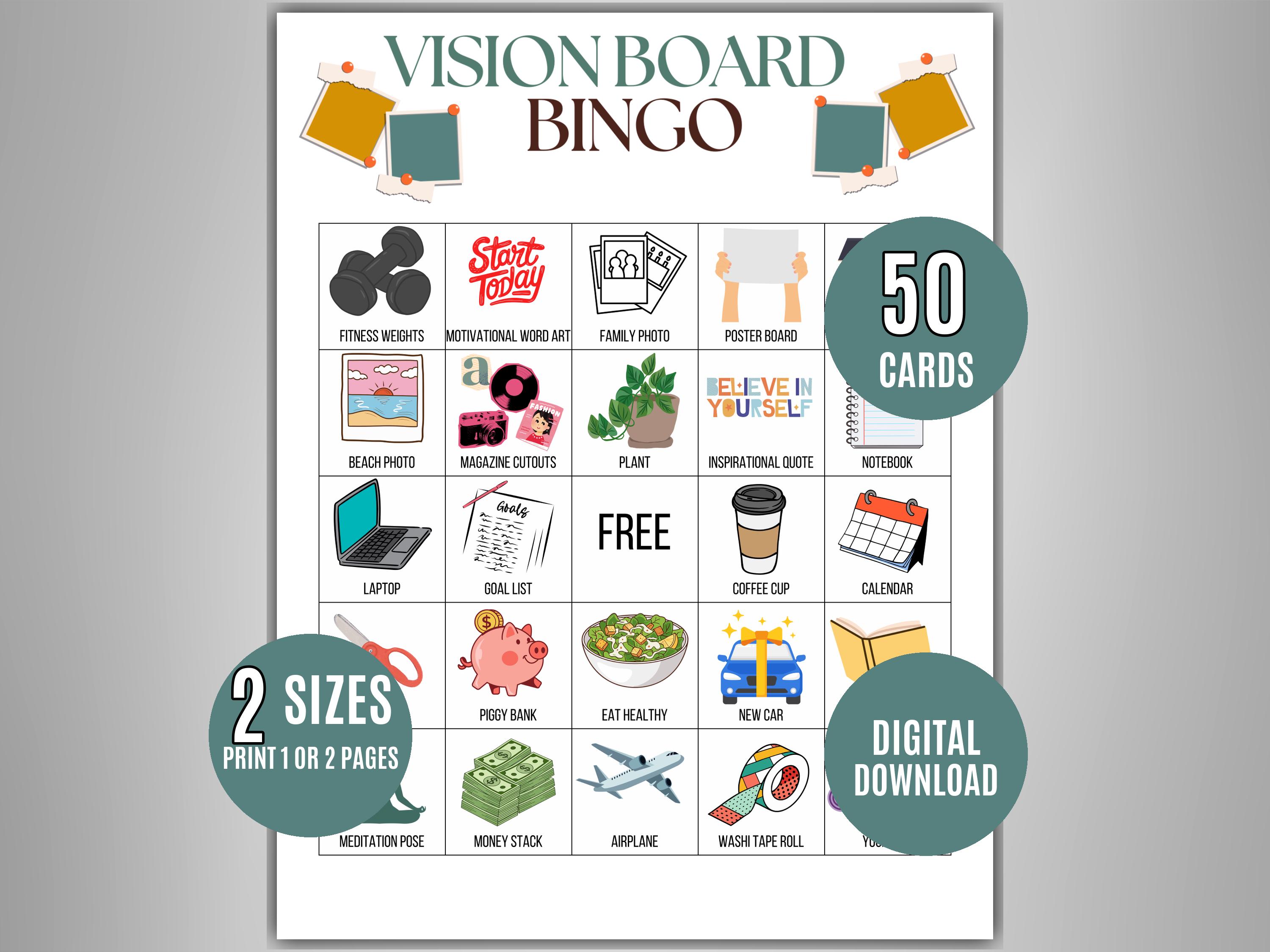 Vision Board Bingo Game, 50 Printable Goal Setting Bingo Cards, Self ...