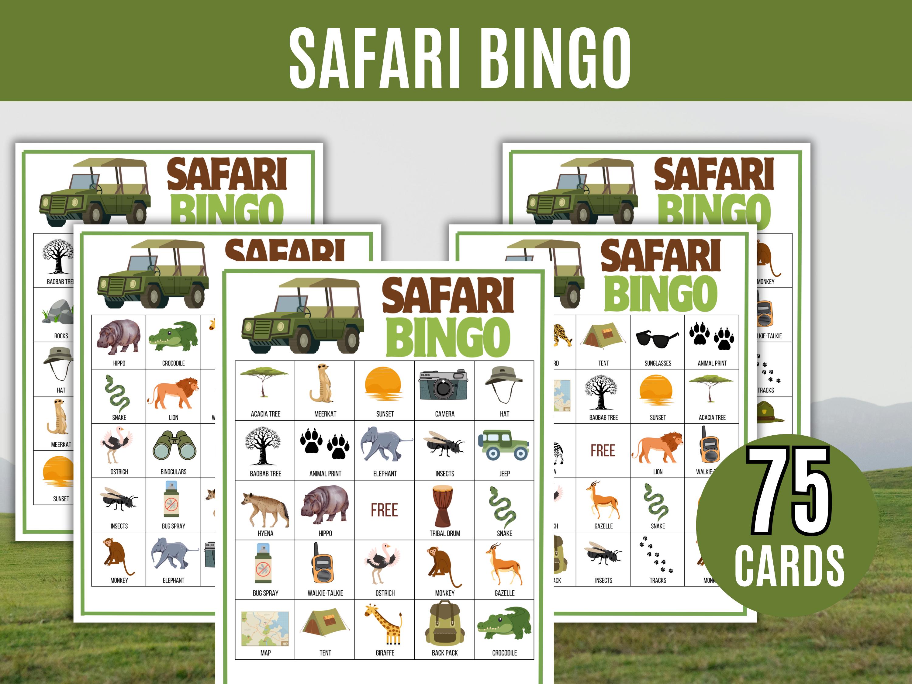 Safari Bingo, 75 Printable Safari Bingo Cards, Jungle Adventure Game ...