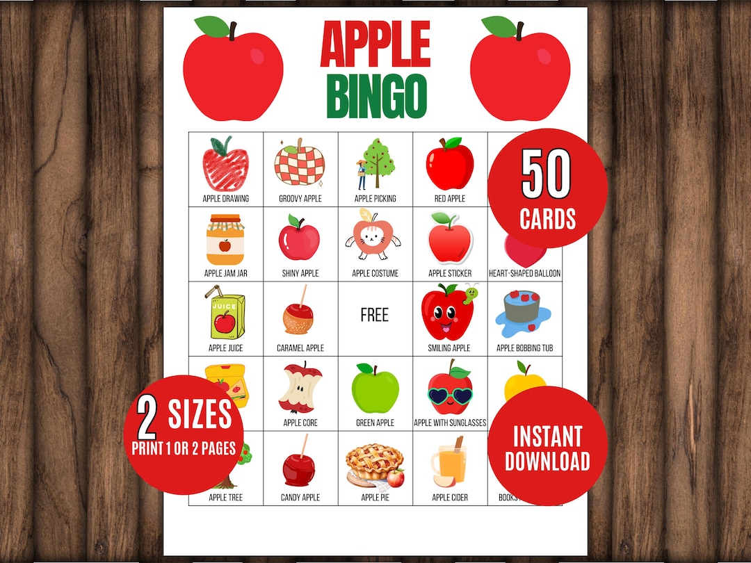 Apple Bingo Printable: Fall Harvest Party Game, 50 Unique Cards (PDF ...