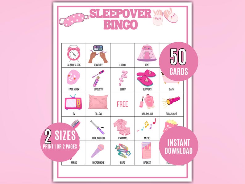 Printable Sleepover Bingo Game, 50 Slumber Party Bingo Cards, Girls ...