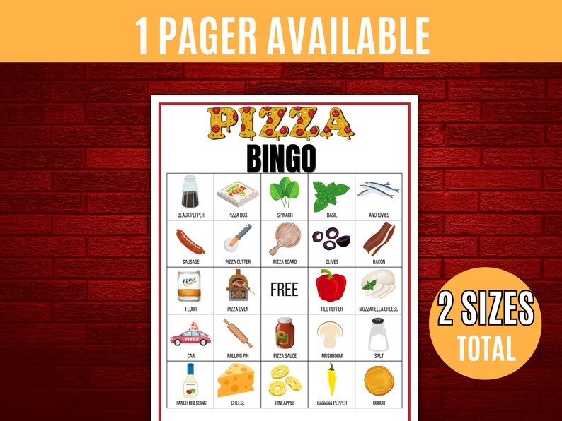 Pizza Bingo, 50 Printable Pizza Party Bingo, Pizza Themed Bingo Cards ...