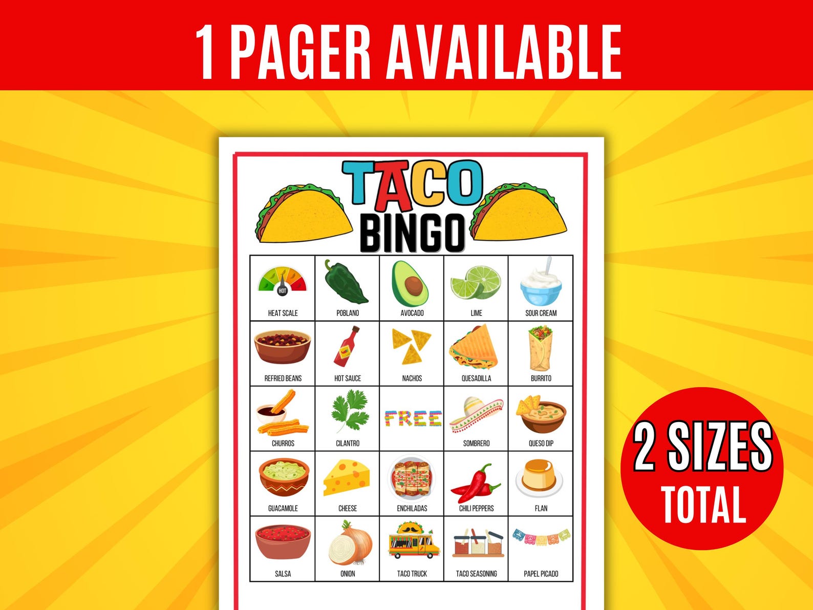 Taco Bingo, 50 Printable Taco Bingo Cards, Taco Activity for Kids, Taco ...