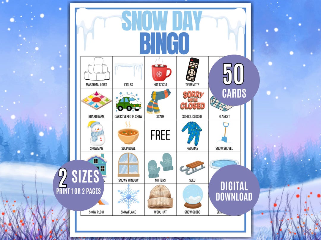 Snow Day Bingo Game, 50 Printable Winter Bingo Cards, Indoor Kids ...