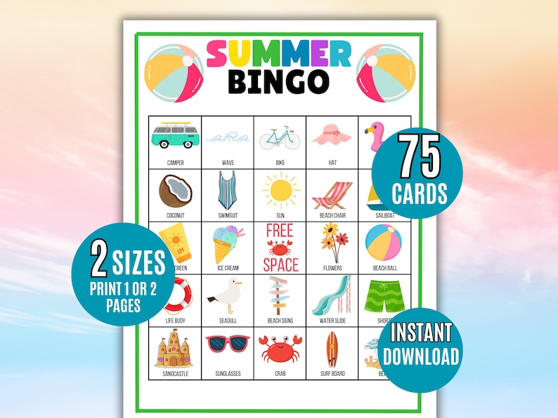 Summer Bingo, 75 Printable Beach Day Bingo Cards, Kids Printable ...