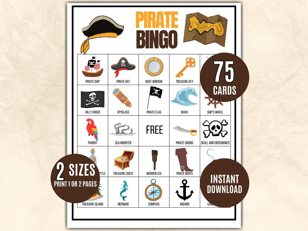 Pirate Bingo Game Printable: 75 Unique Cards, Treasure Hunt Party (PDF ...