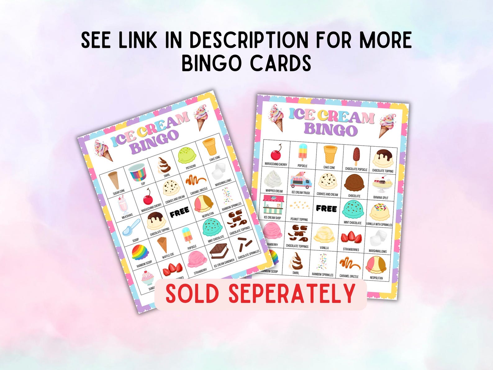 Ice Cream Bingo, 50 Printable, Ice Cream Social Bingo Cards, Kids ...