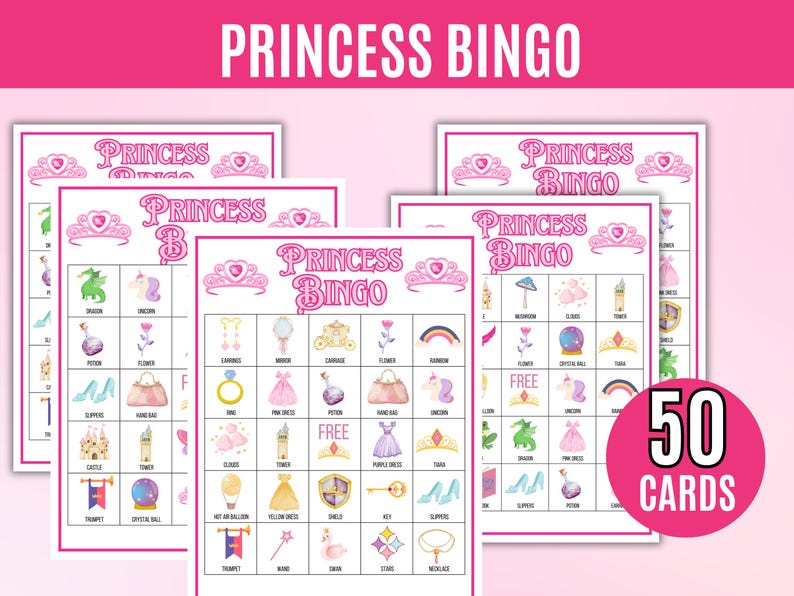 Princess Bingo, 50 Printable Princess Bingo Printable Cards, Princess ...