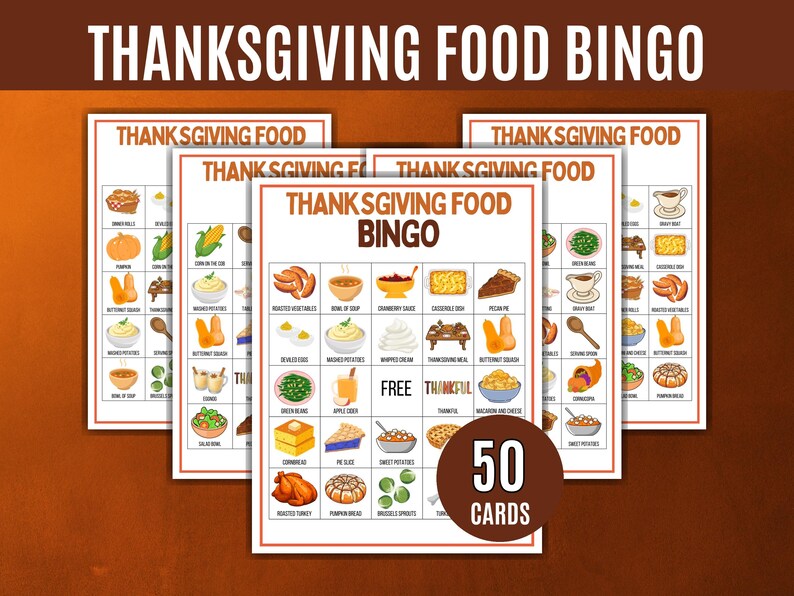 Thanksgiving Food Bingo Game, 50 Printable Bingo Cards, Family Dinner ...