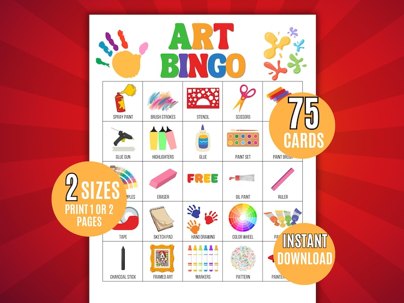 Art Bingo Cards, 75 Printable Part Party, Art Themed, Kids Printable ...