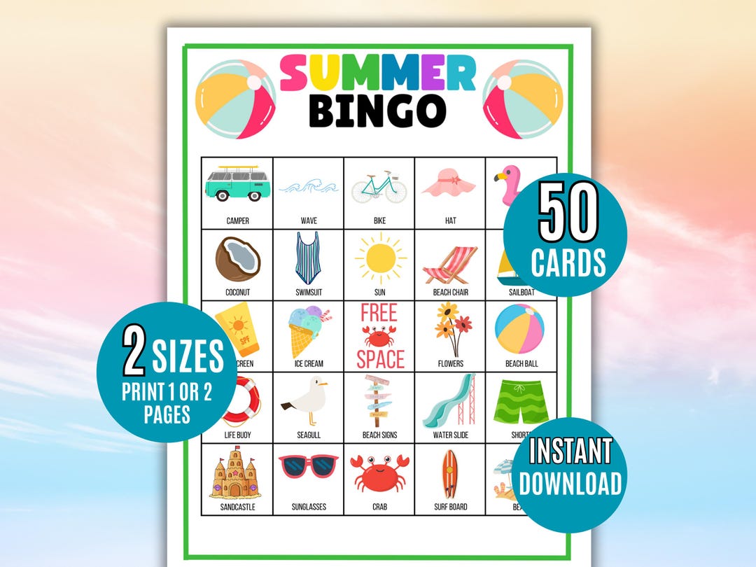 Summer Bingo, 50 Printable Beach Day Bingo Cards, Kids Printable ...