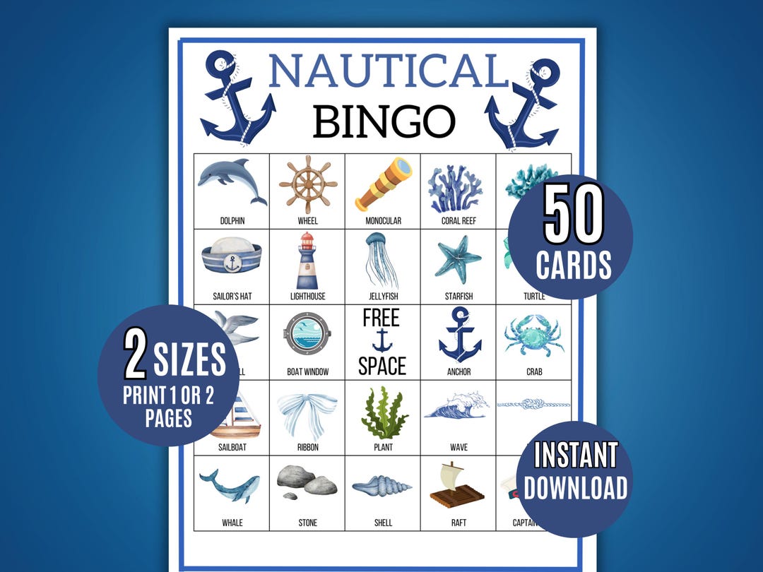 Nautical Bingo Cards, 50 Printable Nautical Boat Bingo Cards, Kids ...