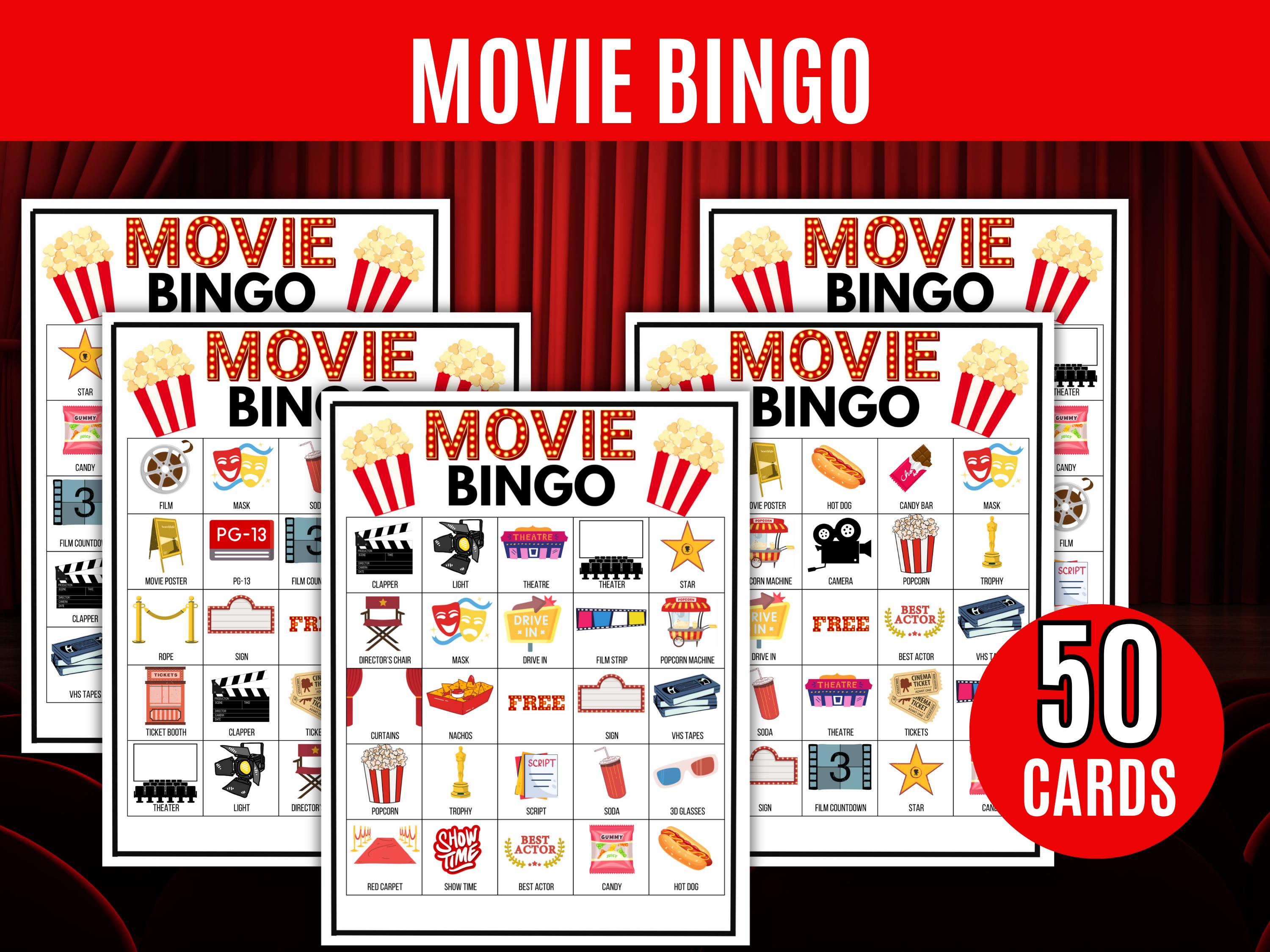 Movie Bingo, 50 Movie Bingo Cards, Movie Night Activity Bingo, Cinema ...