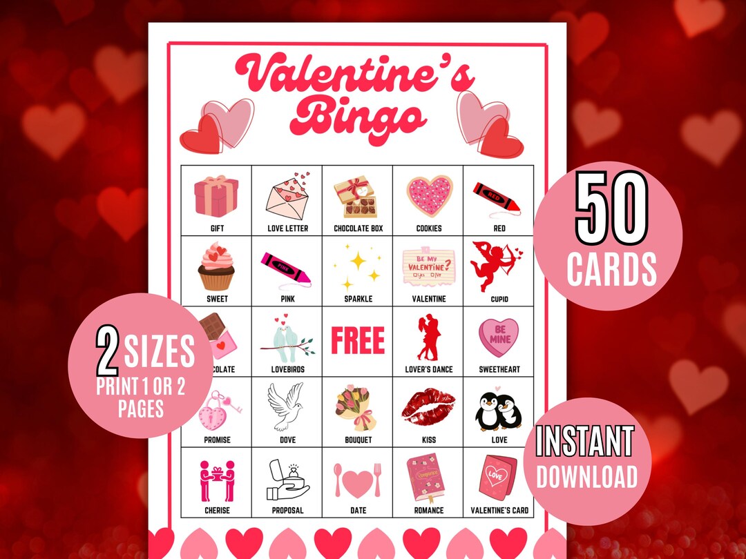 Valentine's Bingo, 50 Valentine's Bingo Cards, Valentine's Game, Love ...