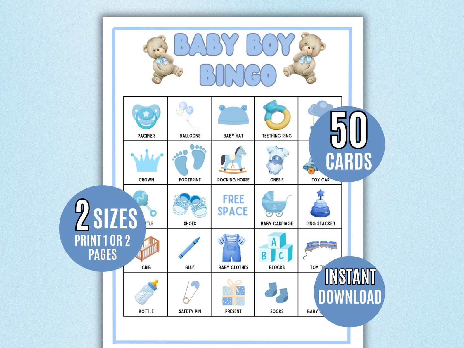 Baby Boy Bingo, 50 Baby Boy Bingo Game Cards, Baby Shower Bingo Game ...