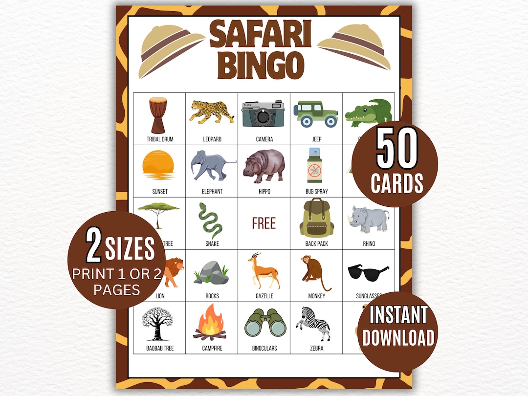 Safari Bingo Printable Game, 50 Jungle Animal Bingo Cards, Zoo Party ...