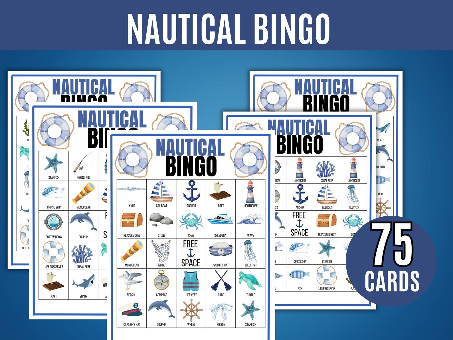 Nautical Bingo, 75 Printable Nautical Boat Bingo Cards, Kids Printable ...