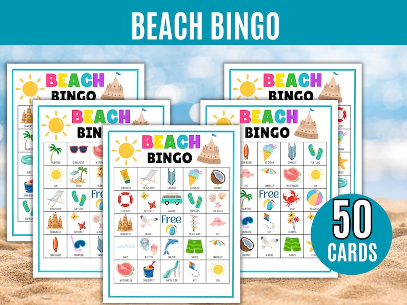 Beach Bingo, 50 Printable Beach Day Bingo Cards, Kids Printable, Summer ...
