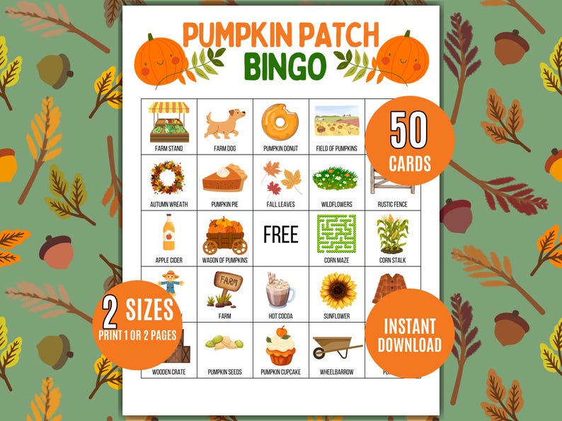 Pumpkin Patch Bingo Game: 50 Printable Fall Activity Cards - Etsy