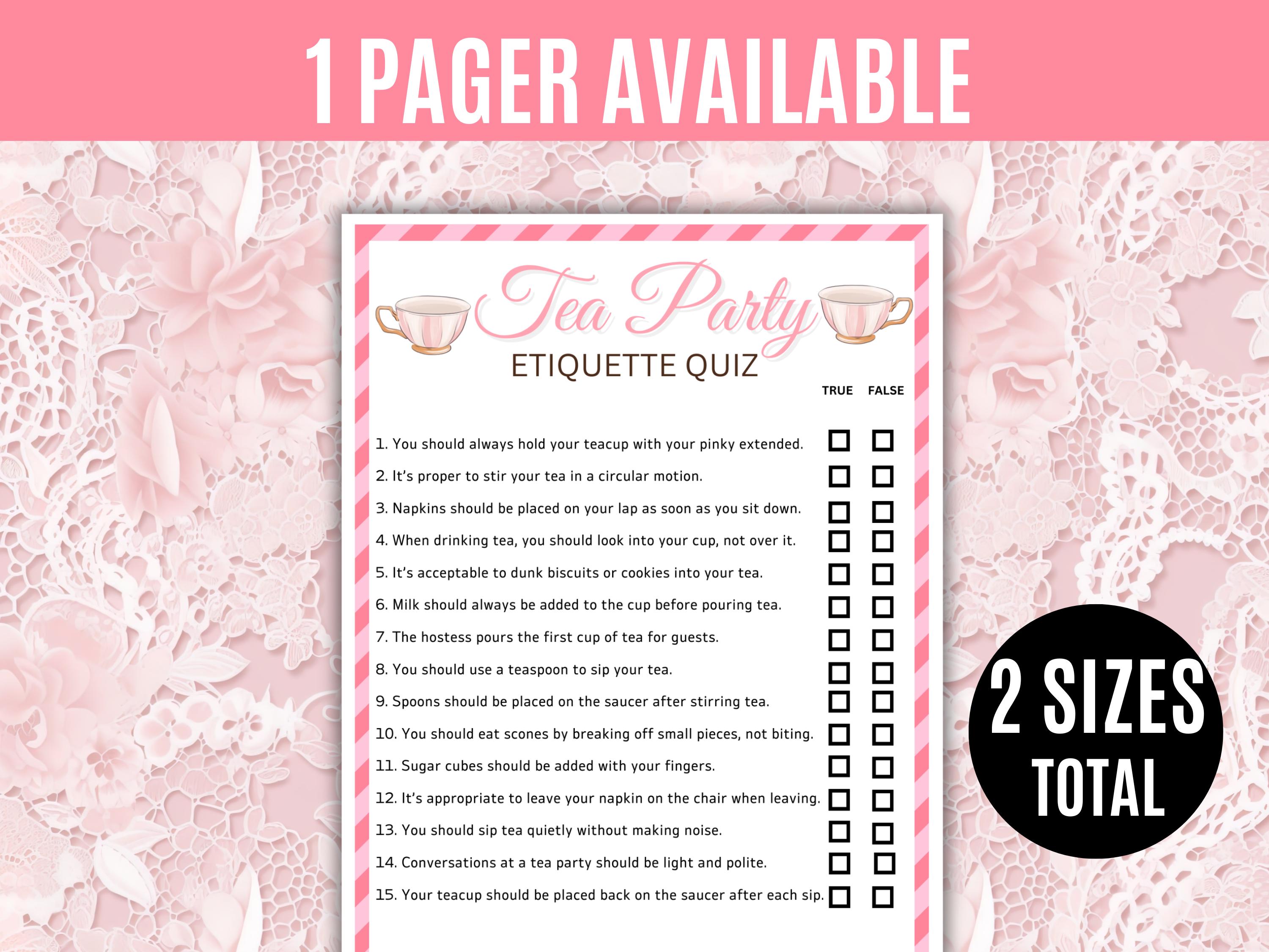 Tea Party Etiquette Game Printable, Ladies Tea Party Etiquette Game ...