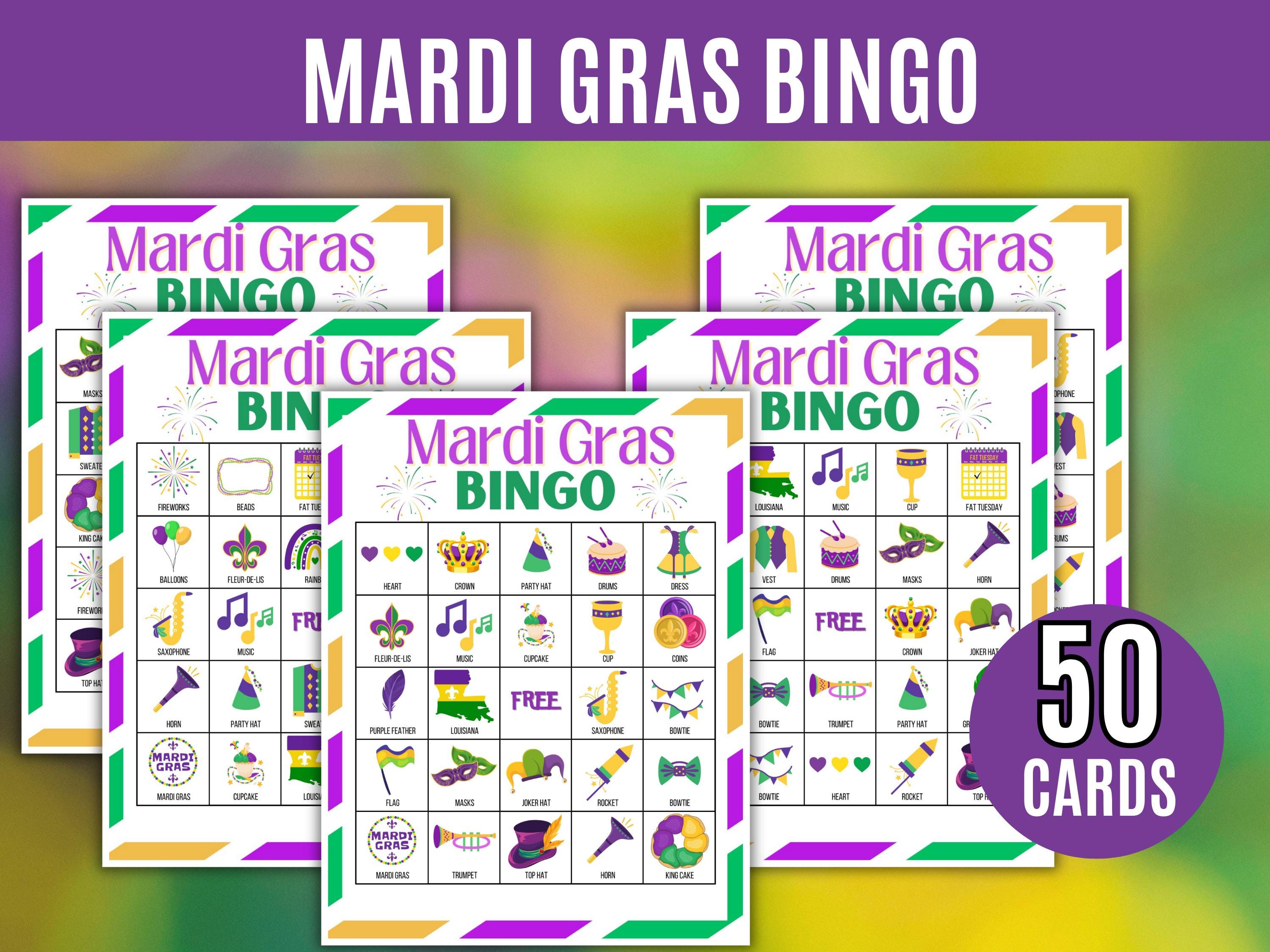 Mardi Gras Bingo, 50 Mardi Gras Bingo Cards, Printable Mardi Gras Bingo ...