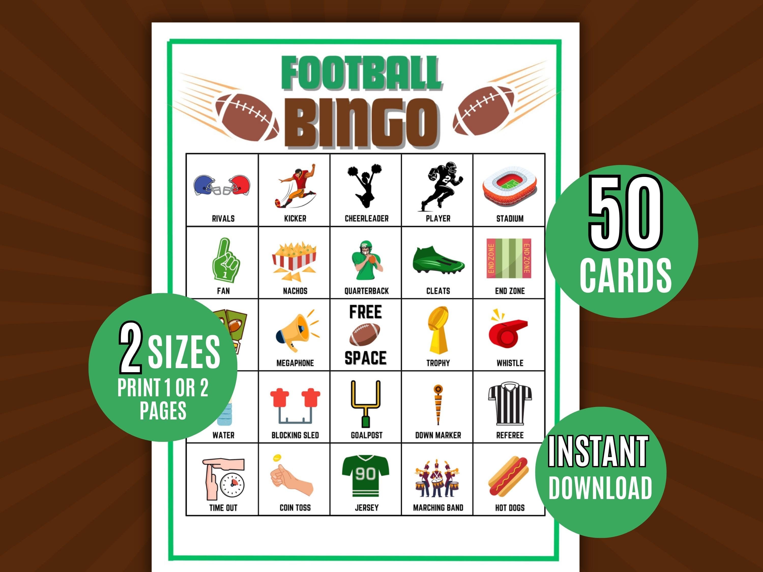 Football Bingo, 50 Printable Football Bingo Cards, Football Game ...