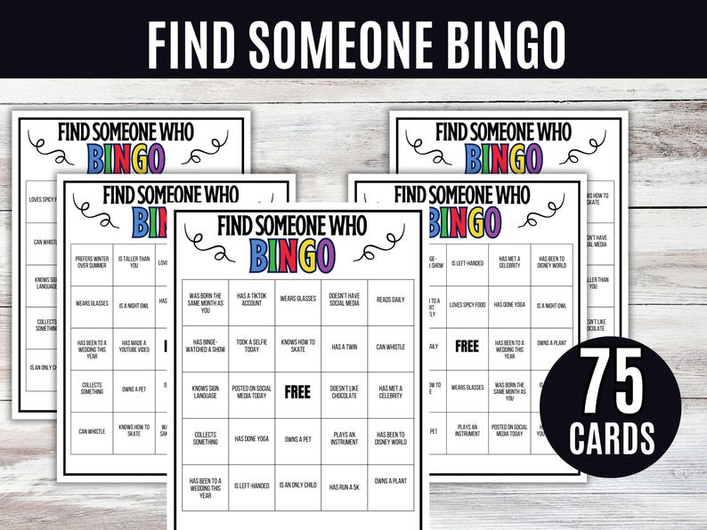 Find Someone Bingo, 75 Printable Ice Breaker Game, Team Building ...