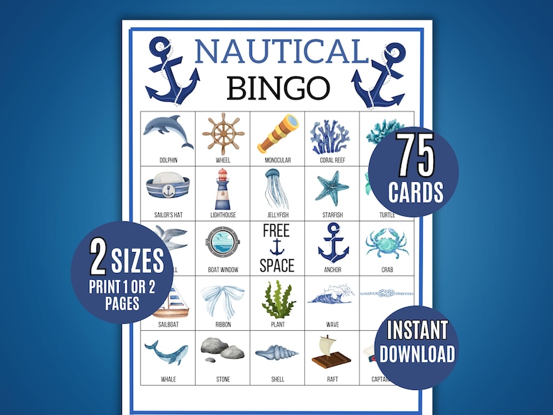 Nautical Bingo Cards, 75 Printable Nautical Boat Bingo Cards, Kids ...