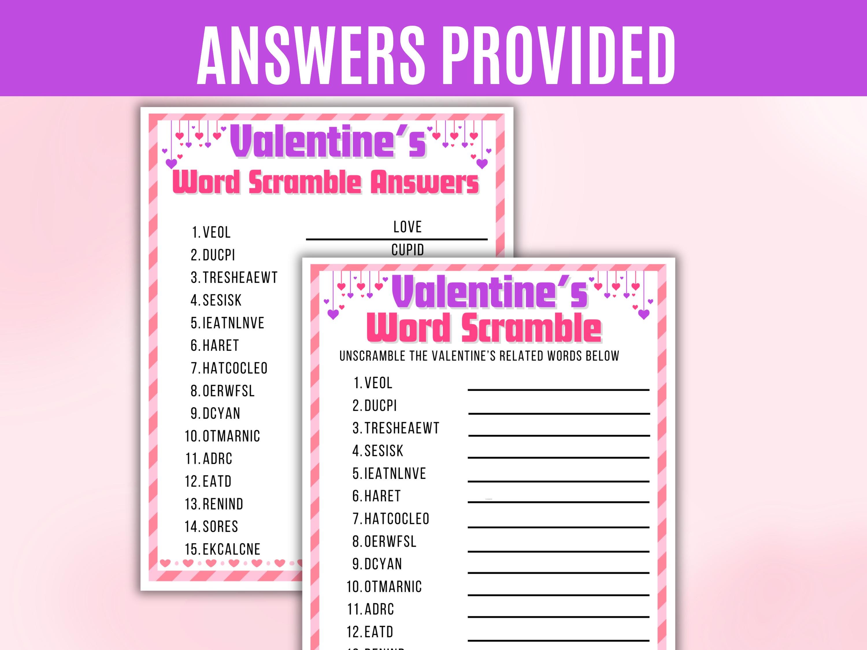 Valentine's Day Word Scramble, Fun Valentine's Activities, Valentine's ...